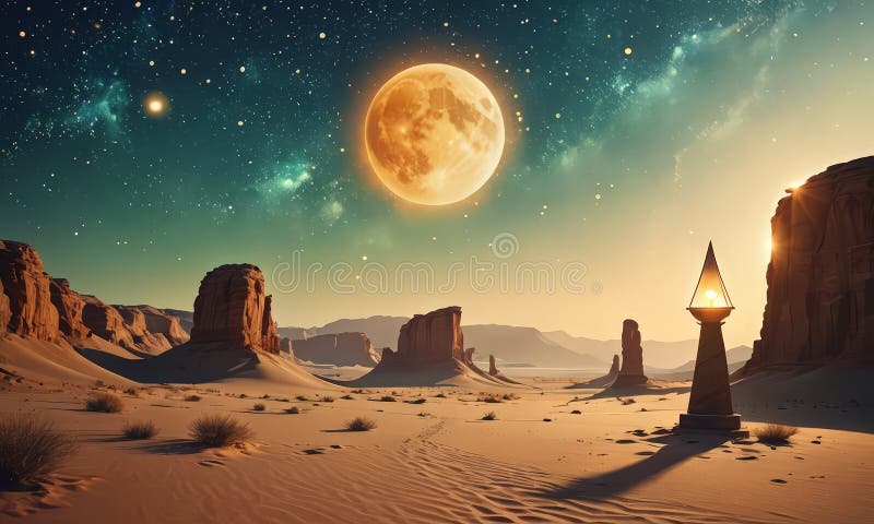Desert with Moon and Landscape Stock Illustration - Illustration of ...