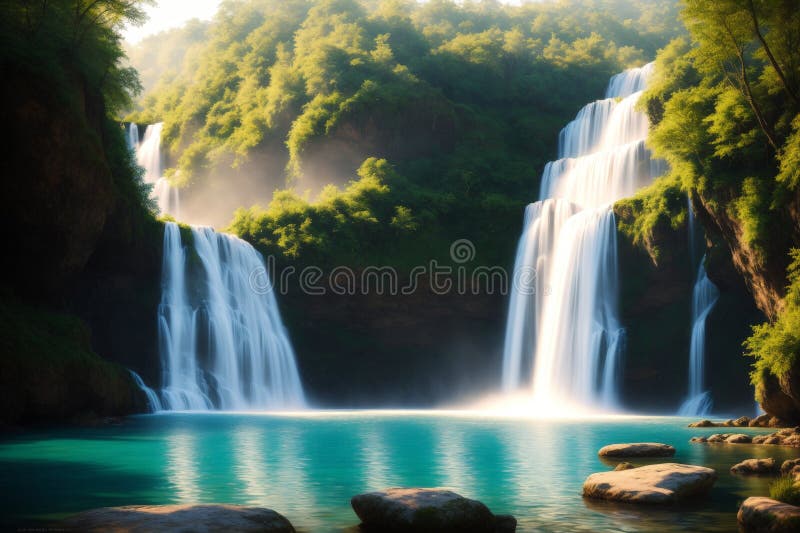 Waterfall with in the Middle Stock Illustration - Illustration of ...