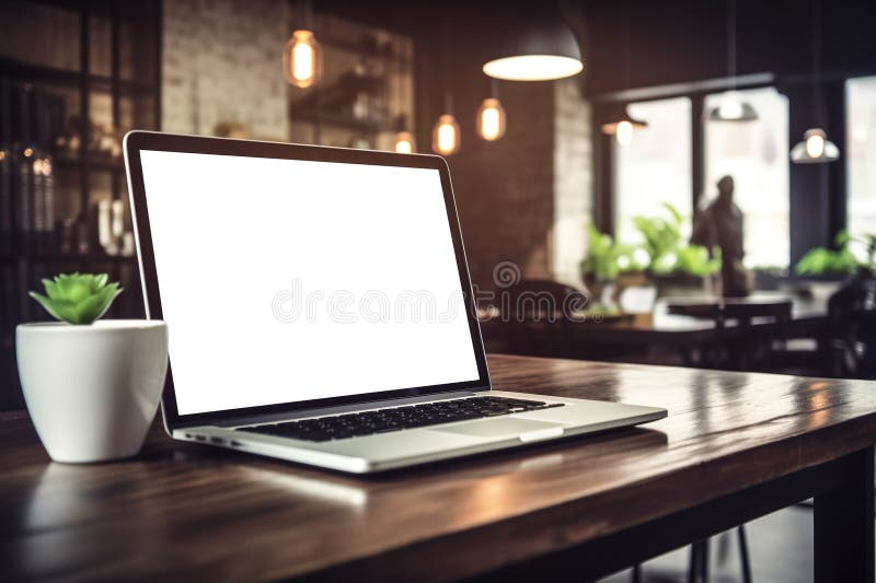 Digital Work Environment with Empty Laptop Screen Against Blurred ...