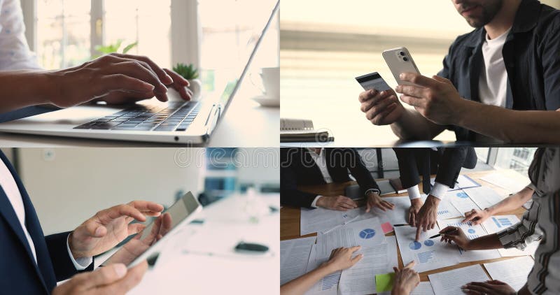 Diverse People Using Tech, Engaged in Teamwork at Workplaces, Collage ...