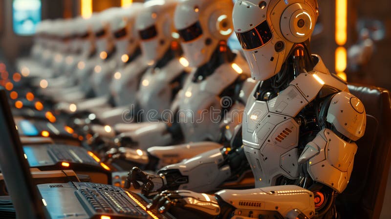 Digital Workforce: Many Robots Working on Computers, Modern Automation. Stock Illustration ...