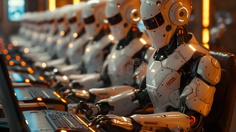 Digital Workforce: Many Robots Working on Computers, Modern Automation. Stock Illustration ...