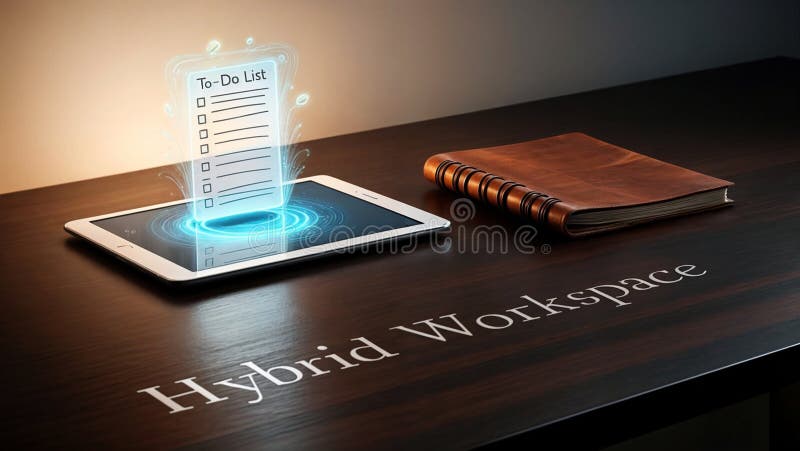A Digital Workplace Setup Tablet Displaying Word Text "Hybrid Workplace ...