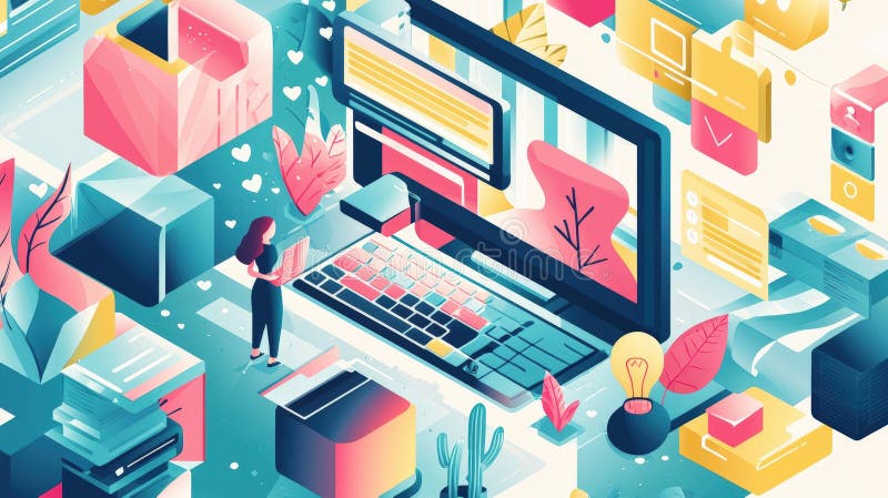 Digital Workspace with Animated Elements Stock Illustration ...