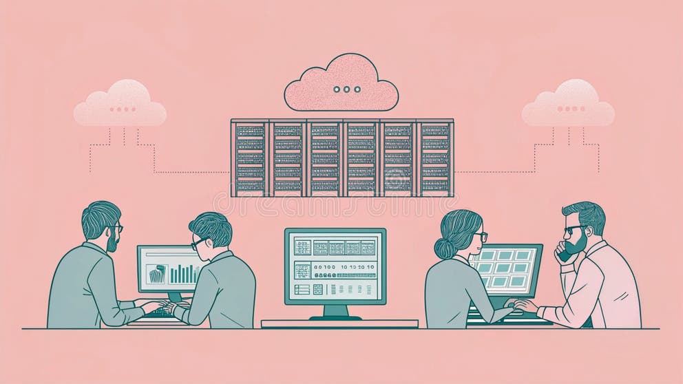 Digital Workspace with Cloud Computing and Data Analysis Stock Illustration - Illustration of ...