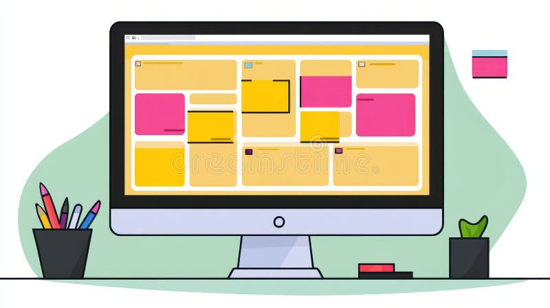 Digital Workspace with Colorful Notes and Computer Screen Stock ...