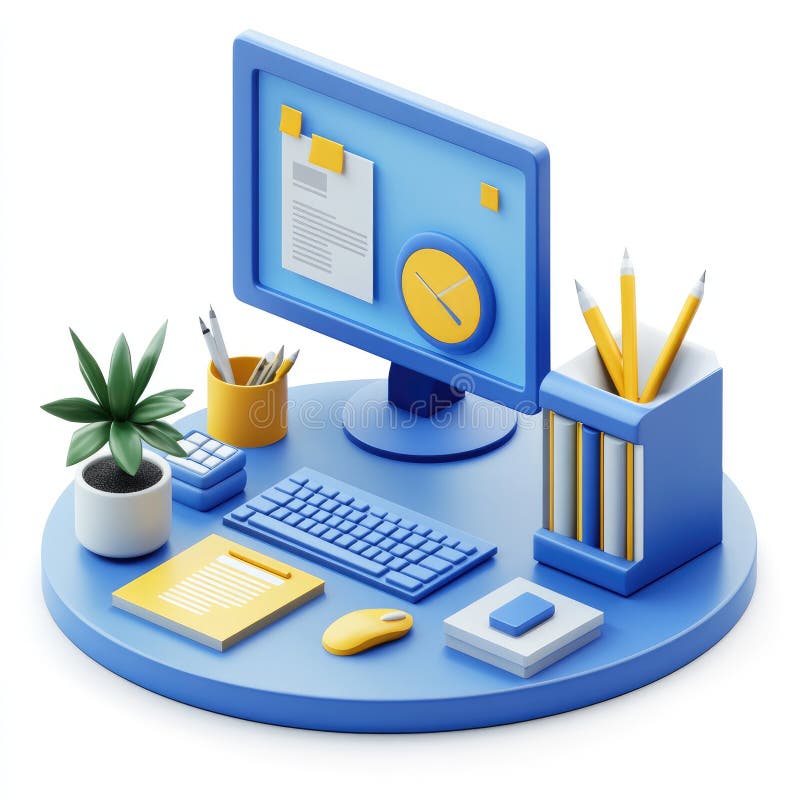 Modern Blue Desktop Workspace: 3D Render of Computer, Keyboard and ...