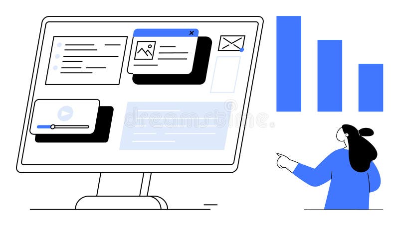 Digital Workspace With Computer Monitor And Graphs For Data