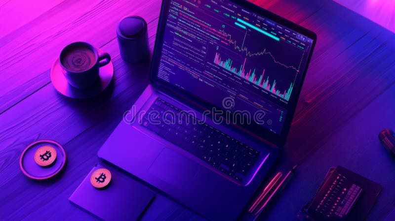 Digital Workspace with Cryptocurrency Trading on a Laptop in Purple ...