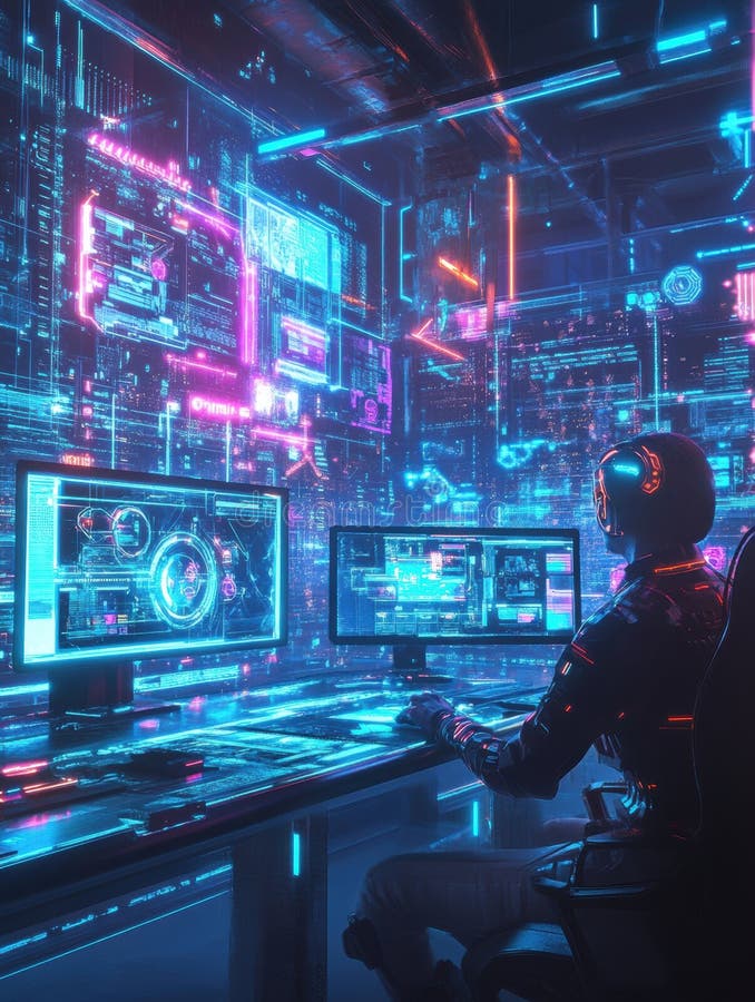 Digital Workspace Featuring Avatars and Neon Visuals in a Futuristic ...