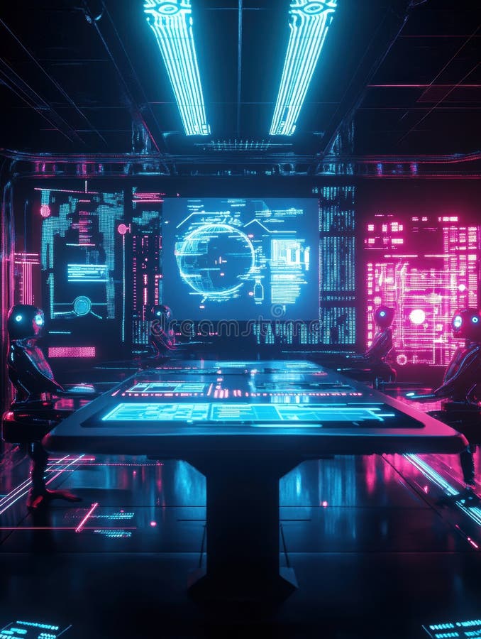 Digital Workspace Featuring Glowing Avatars and Holographic Interfaces ...