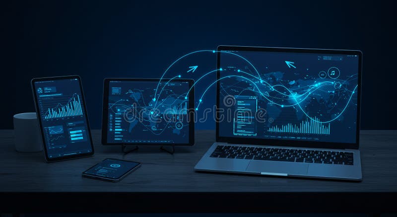Digital Workspace Featuring a Laptop, Tablet, and Smartphone Displaying ...
