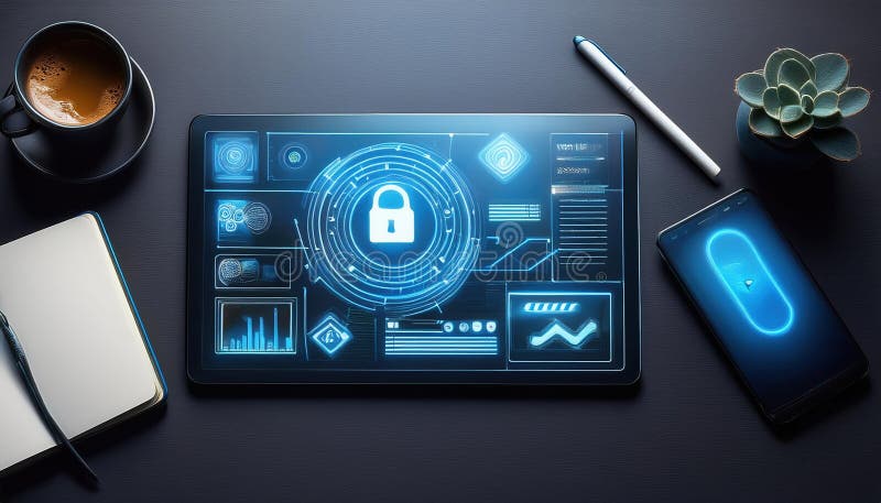 Digital Workspace Featuring a Tablet with Security Graphics, a ...