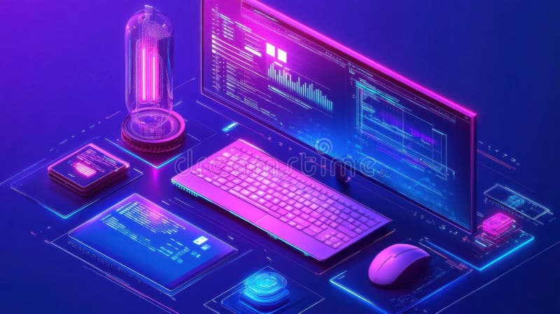 Digital Workspace, Futuristic Tech Setup Stock Illustration ...
