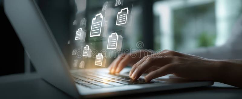 The Digital Workspace with Hands Typing on a Laptop and Floating File ...