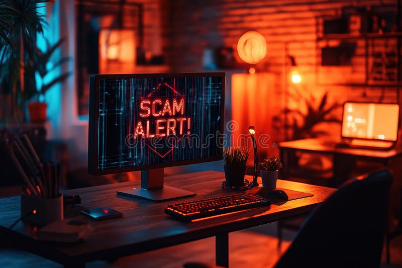 Digital Workspace Illuminated by a Scam Alert Message during Evening ...