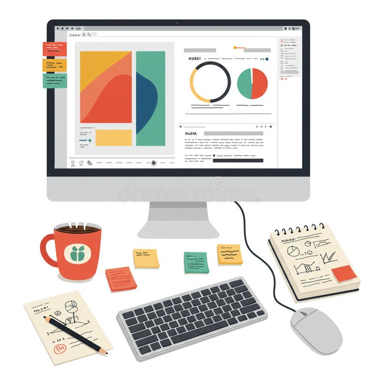 A Digital Workspace Illustration Featuring a Desktop Computer ...