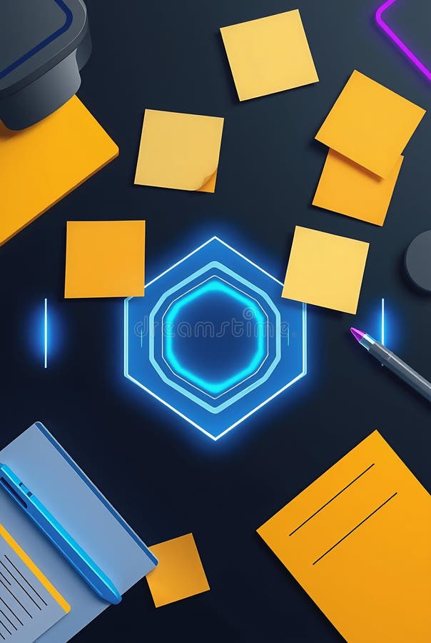 Digital Workspace with Laptop Screen, Sticky Notes and Office Supplies ...