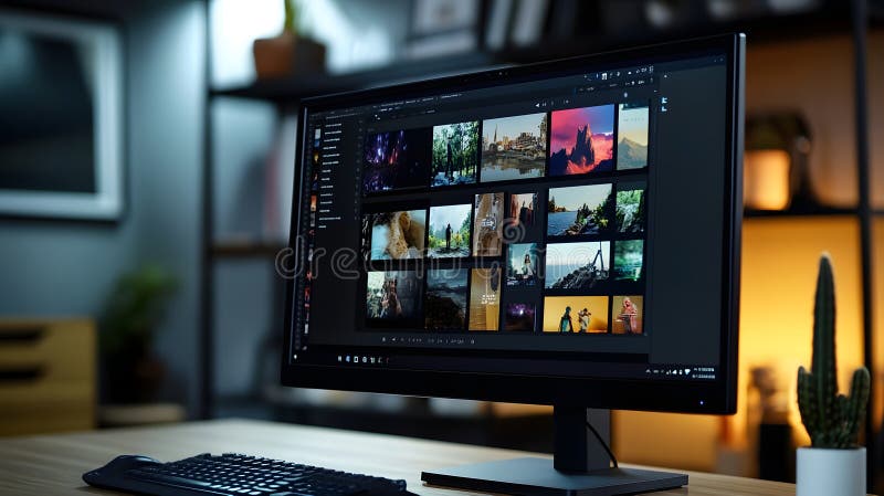Digital Workspace with Photo Editing Software on a Modern Monitor Stock ...