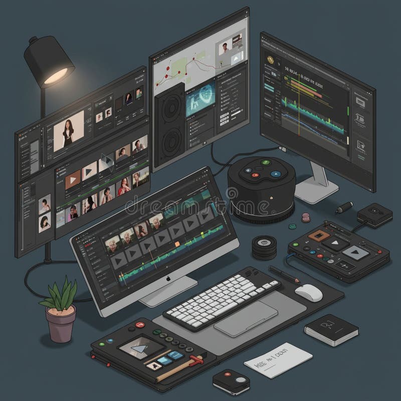 A Digital Workstation Features Three Computer Monitors Displaying ...