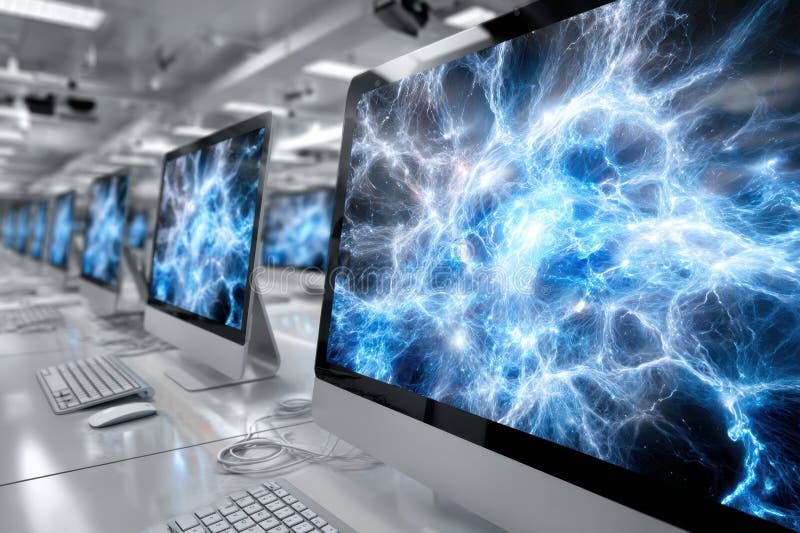 Digital Workstations with Modern Monitors Displaying Blue Abstract ...