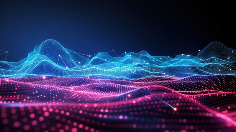Digital World Concept with Connected Dots on 3D Wave Landscape ...