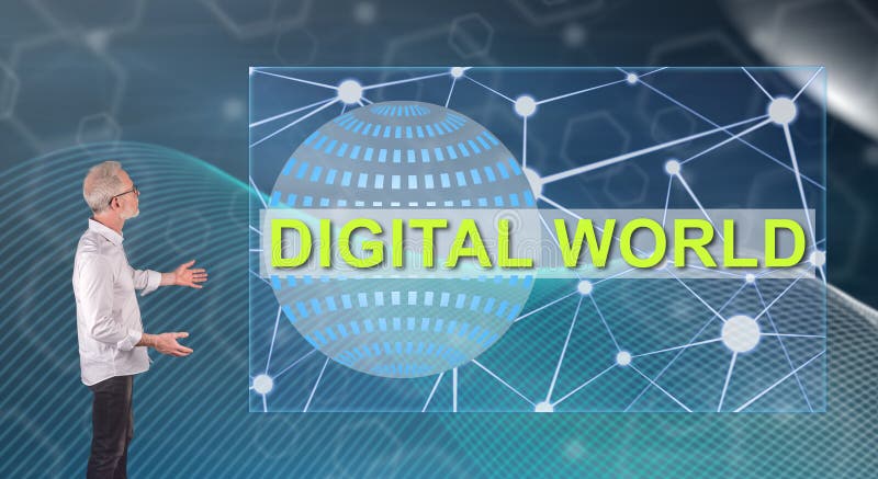 A Digital World Concept Explained by a Businessman on a Wall Screen ...