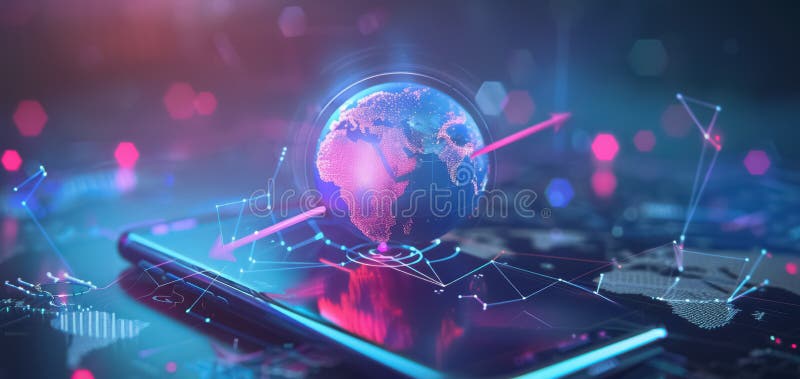 Digital World Emerging from Smartphone with GPS Arrow Pointing Forward ...
