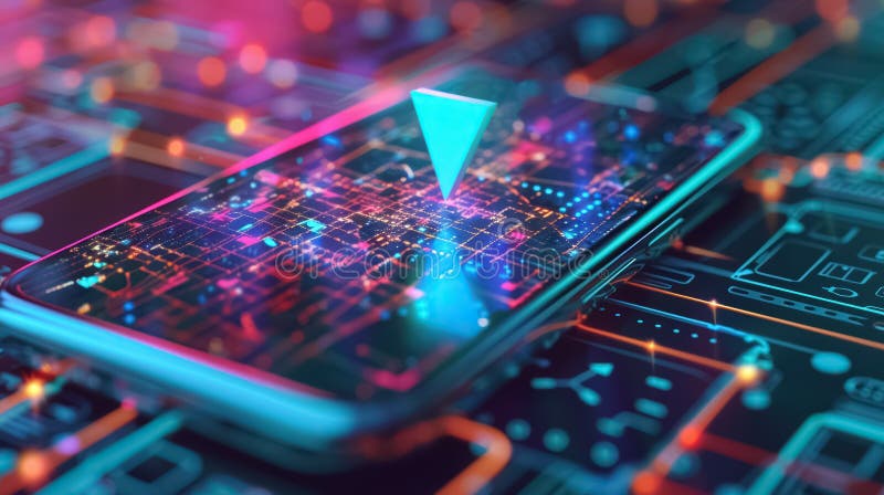 Digital World Emerging from Smartphone with GPS Arrow Pointing Forward ...