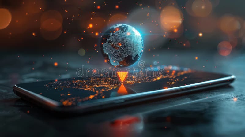 Digital World Emerging from Smartphone with GPS Arrow Pointing Forward ...