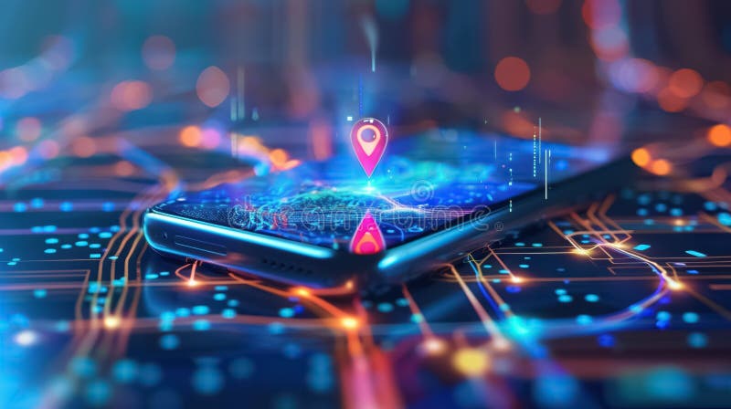 Digital World Emerging from Smartphone with GPS Arrow Pointing Forward ...