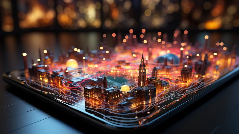 Digital World Emerging from Smartphone with GPS Arrow Pointing Forward ...