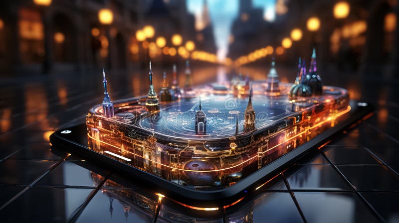 Digital World Emerging from Smartphone with GPS Arrow Pointing Forward ...