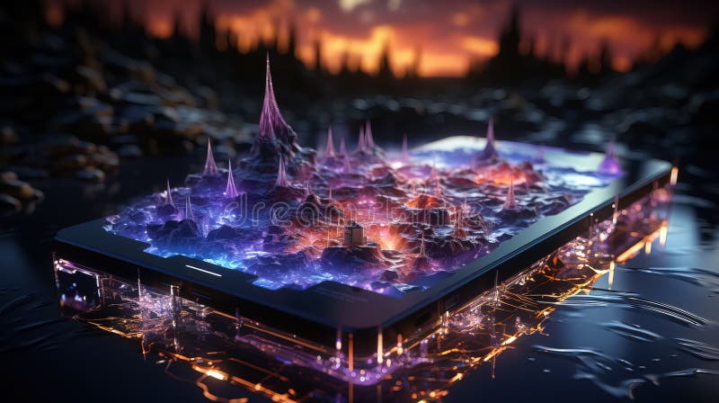 Digital World Emerging from Smartphone with GPS Arrow Pointing Forward ...