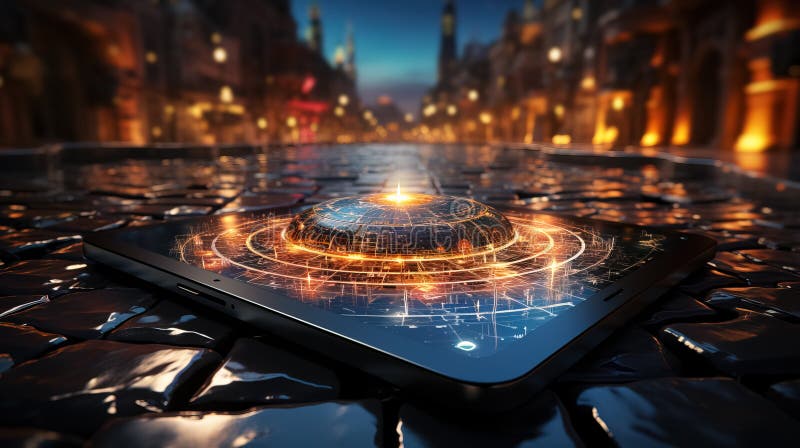 Digital World Emerging from Smartphone with GPS Arrow Pointing Forward ...