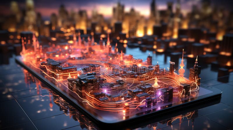 Digital World Emerging from Smartphone with GPS Arrow Pointing Forward ...