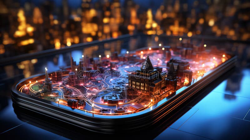 Digital World Emerging from Smartphone with GPS Arrow Pointing Forward ...