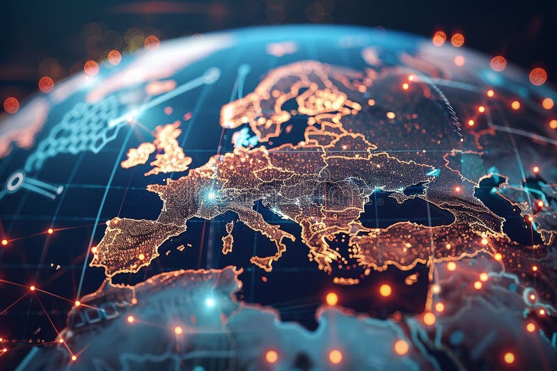 Digital World Globe Centered on Europe Concept of Global Network and ...