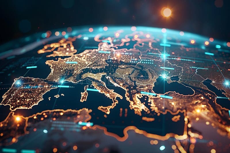 Digital World Globe Centered on Europe Concept of Global Network and ...