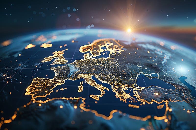 Digital World Globe Centered on Europe Concept of Global Network and ...