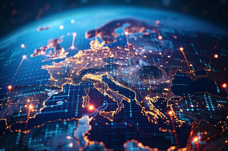 Digital World Globe Centered on Europe Concept of Global Network and ...