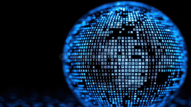 Digital World Globe Made of Binary Code in Glowing Blue Colors on Dark ...