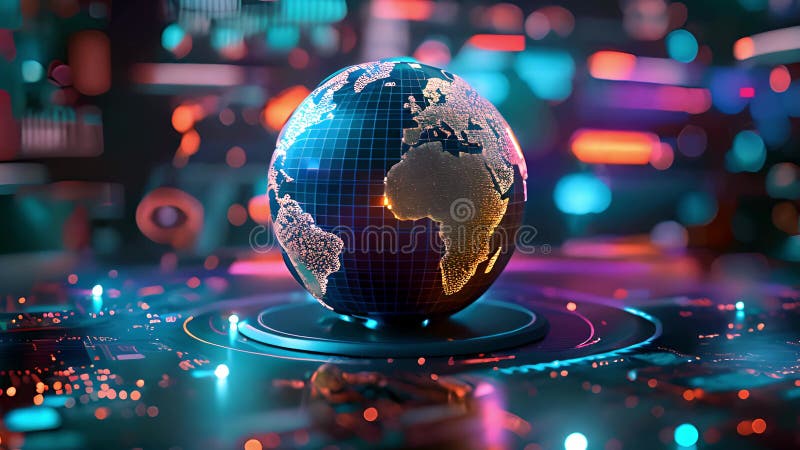 Digital World Globe Model Rotates on an Abstract Tech Background Stock ...