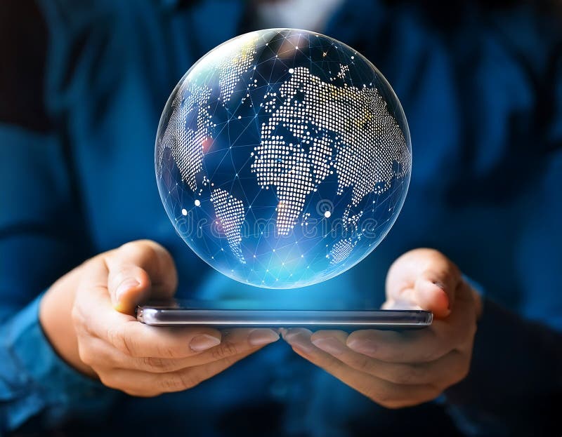 A Digital World with Glowing Connections on a Smartphone Screen, Held ...