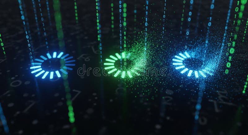 Digital World with Glowing Rings and Falling Binary Code Streams Stock Illustration ...