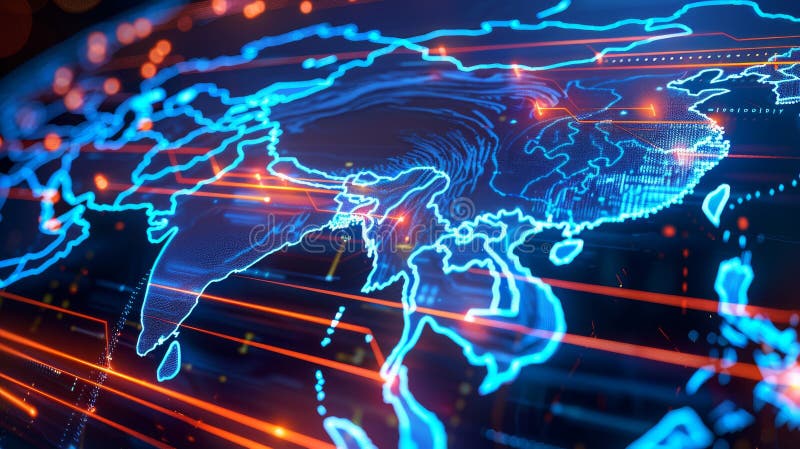 A Digital World Map of Asia with Continents Outlined by Glowing Lights ...
