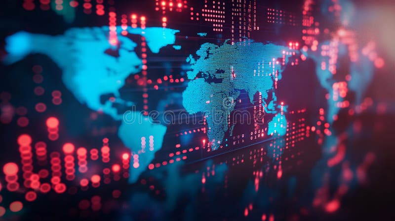 Digital World Map Background with Vibrant Blue and Red Colors Showing ...