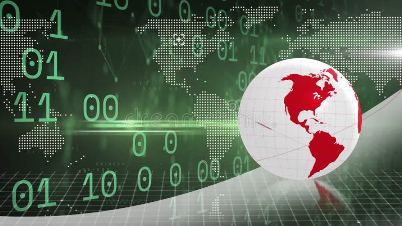 Digital World Map And Binary Code Animation Over Red Globe On Grid