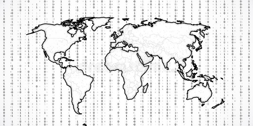 Digital World Map with Binary Code Background. 3D Rendering Stock Illustration - Illustration of ...