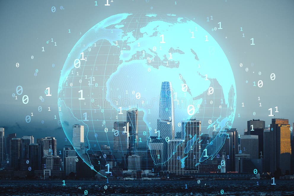 Digital World Map with Binary Code Overlaying Cityscape Skyline Symbolizing Global Network ...